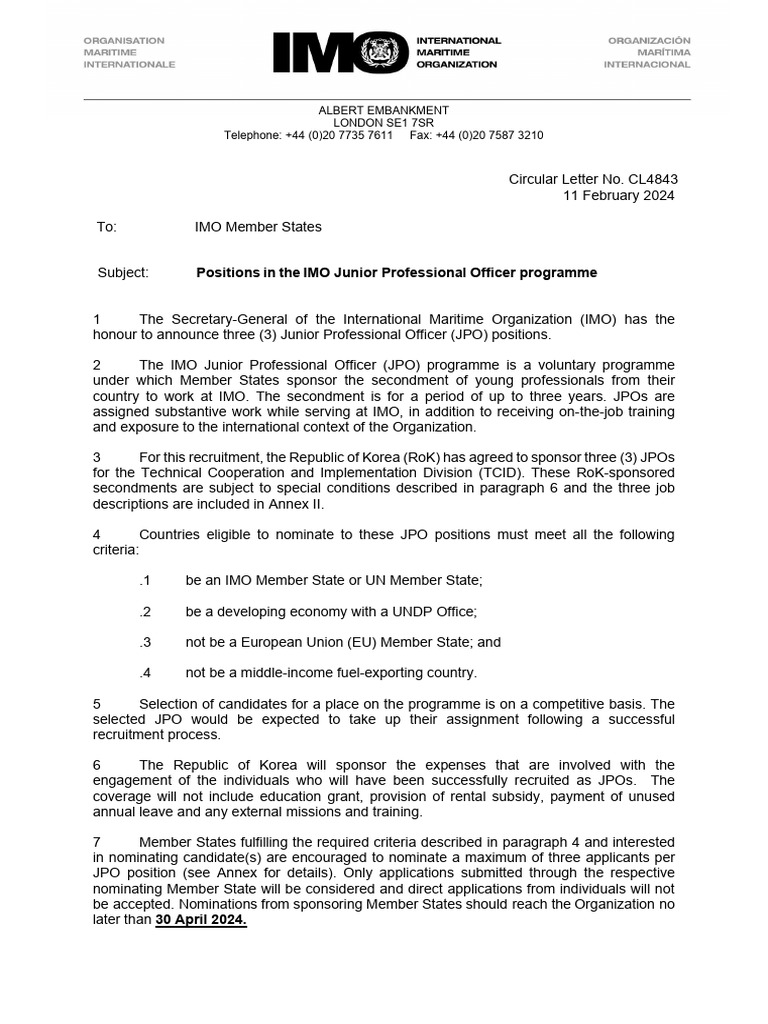Circular Letter No.4843 - Positions in the Imo Junior Professional Officer Programme ...