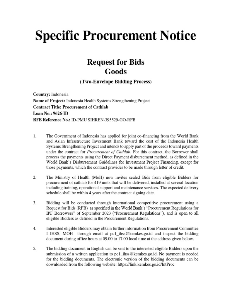 Indonesia Cathlab Procurement Notice | PDF | Procurement | World Bank