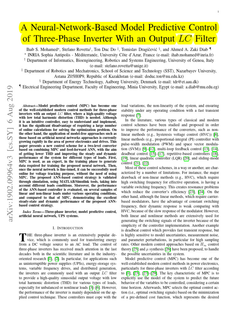A Neural-Network-Based Model Predictive Control of Three-Phase Inverter With An Output Filter ...
