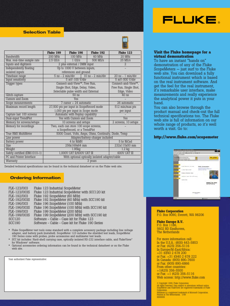 Selection Table: Fluke 199 Fluke 196 Fluke 192 Fluke 123 | Download Free PDF | Electricity ...