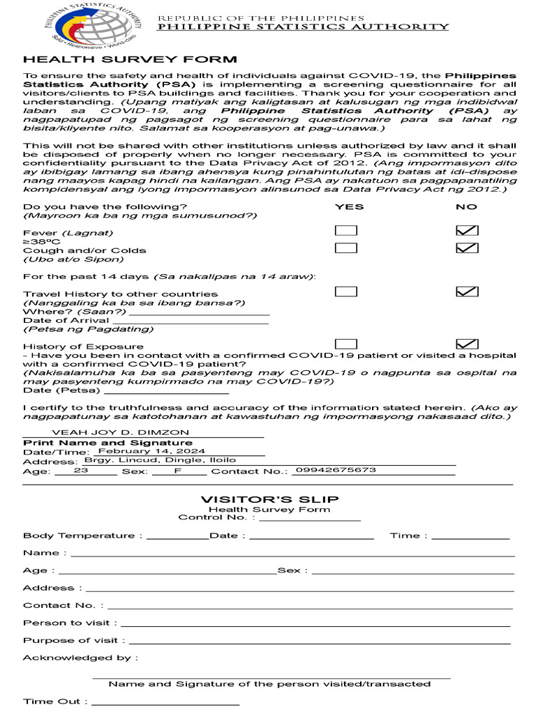 PSA Health Declaration Form Sample | PDF