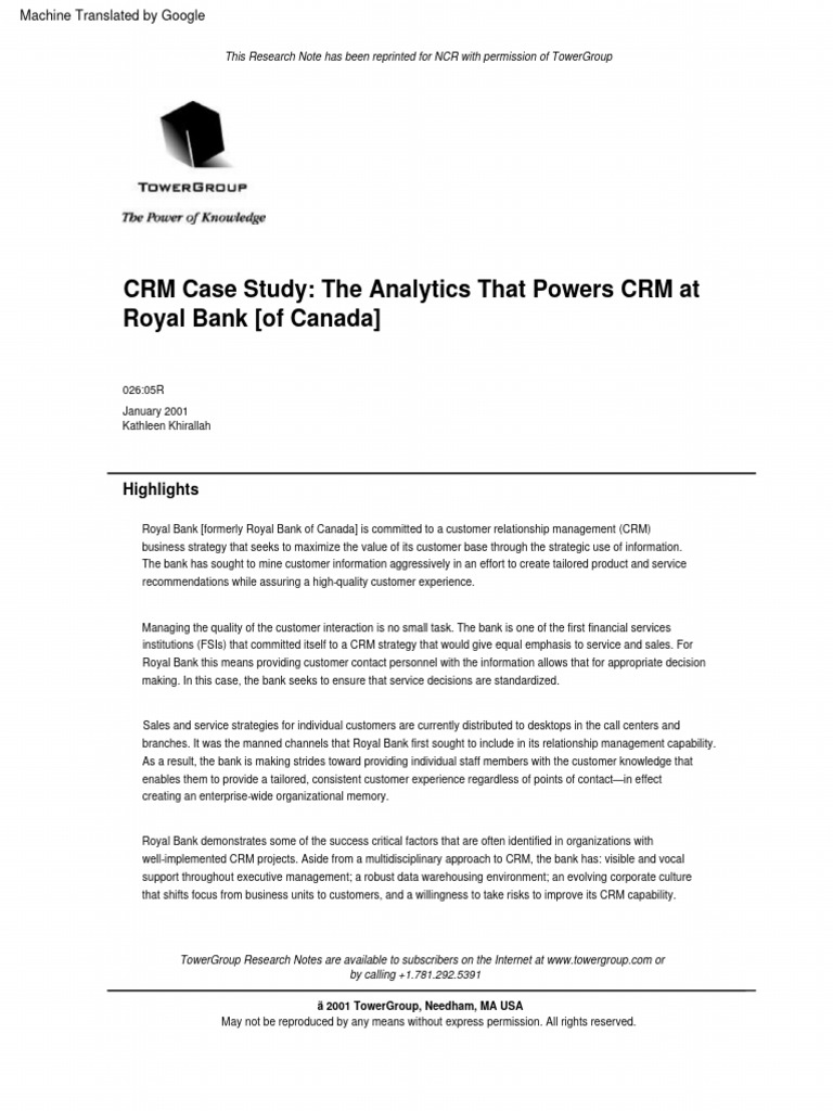 TowerGroup CRM Case Study the Analytics That Power CRM at Royal Bank of Canada 2 1 1 | PDF ...