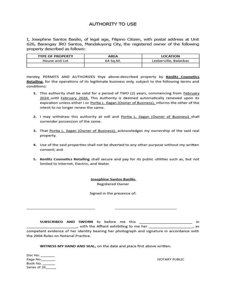 Authority to Use Property for Business | PDF
