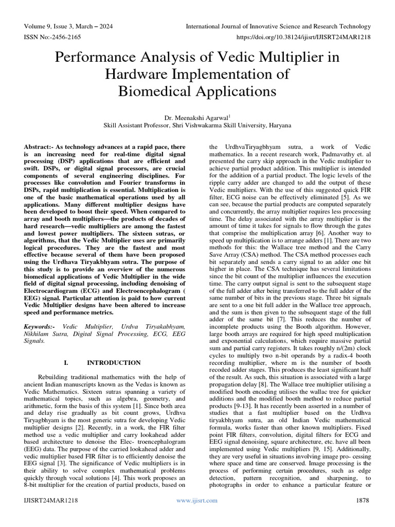 Performance Analysis of Vedic Multiplier in Hardware Implementation of Biomedical Applications ...