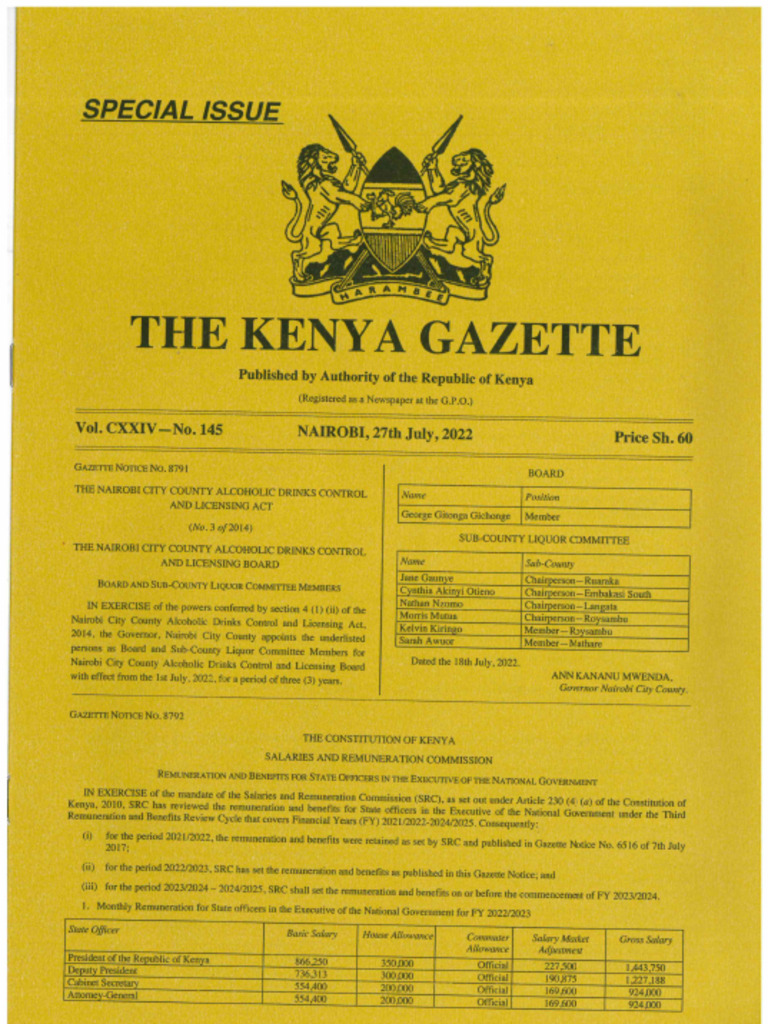 Gazette Notices On Remuneration and Benefits For State Officers July ...