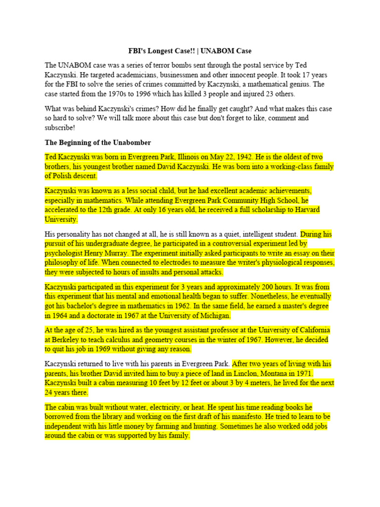 Unabomber Case: FBI's 17-Year Hunt | PDF | History