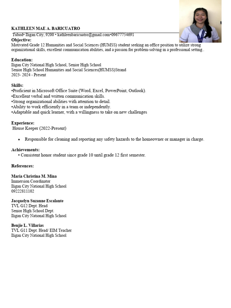Grade 12 HUMSS Student Resume | PDF