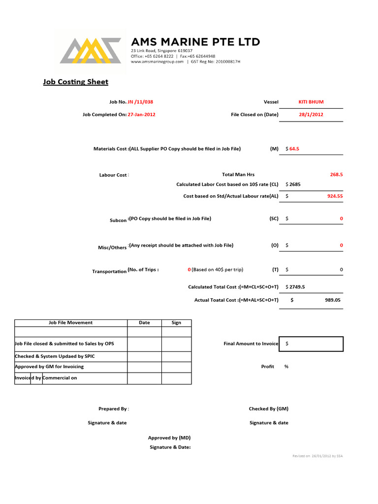 Job Costing Sheet Kiti Bhum Jn-038 | PDF | Business | Economies