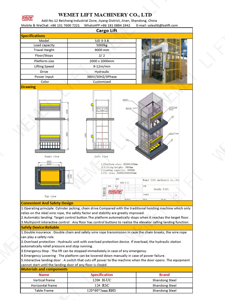 Wemet Cargo Lift Specifications & Pricing | PDF | Elevator ...