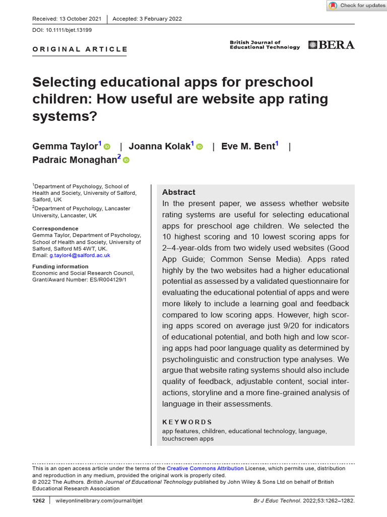 Brit J Educational Tech - 2022 - Taylor - Selecting educational apps for preschool children How ...