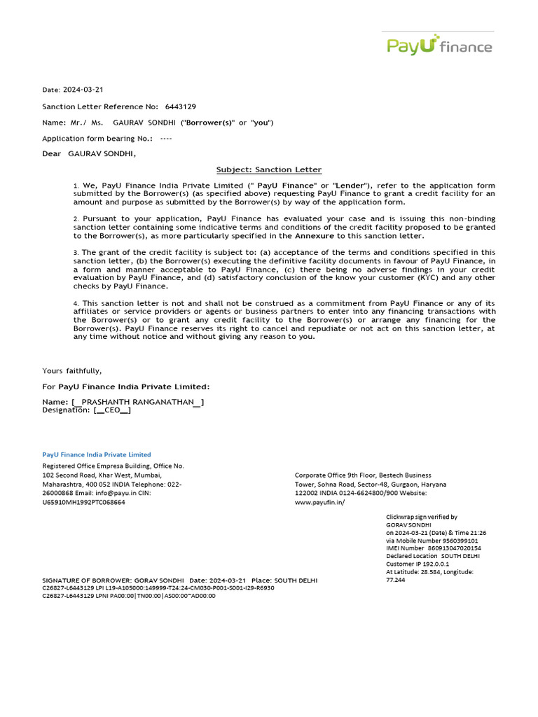 Loan Sanction Letter | PDF | Line Of Credit | Foreclosure