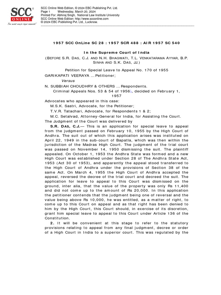 Garikapati v. N. Subbiah ChoudhryJ - 1957 - SCC - OnLine - SC - 28 - 1957 - SCR - 488 | PDF ...