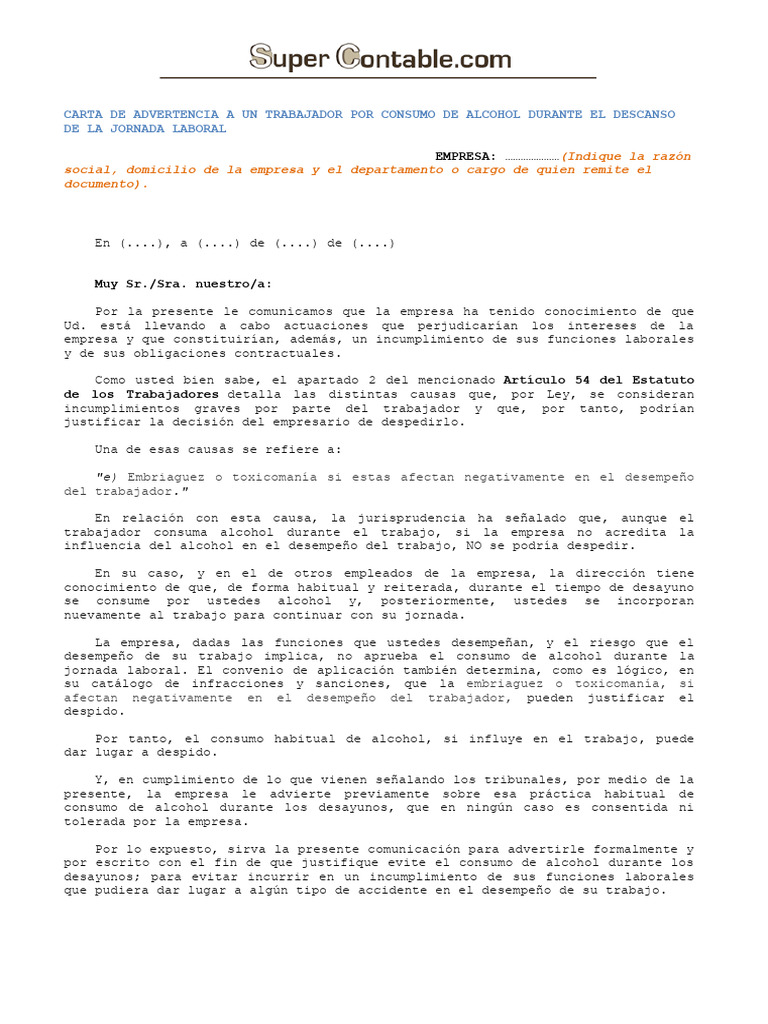 Advertencia por Consumo de Alcohol Laboral | PDF | Justicia | Crimen y ...