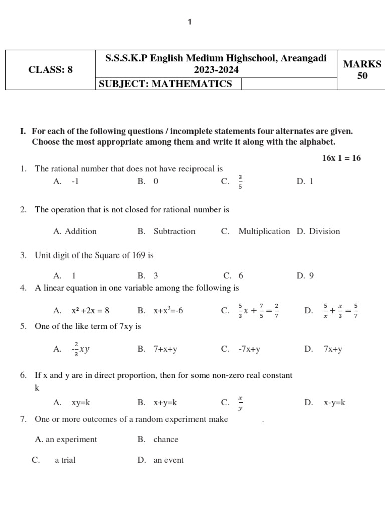 8th Question Paper | PDF | Area | Numbers