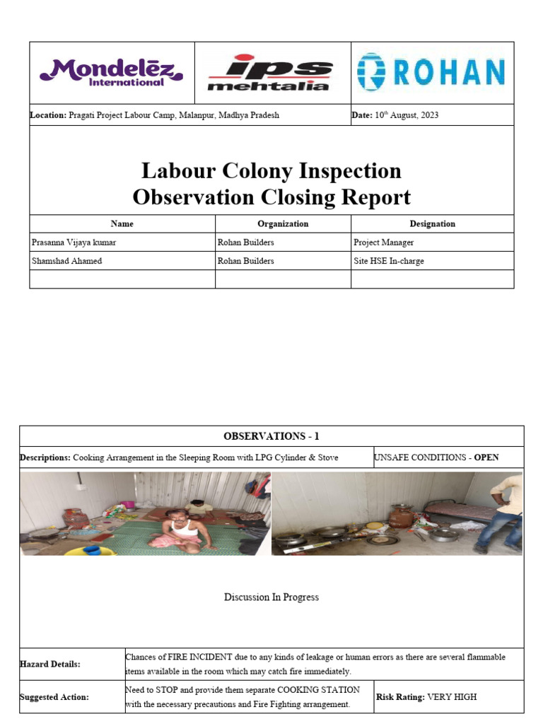 Labour Colony Inspection Report August 2023 Pdf Stairs Safety