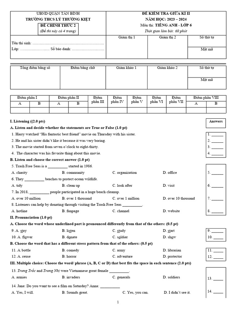 LTK - ĐE KIEM TRA GIUA KY II - ANH 6 ( ĐE 2) | PDF