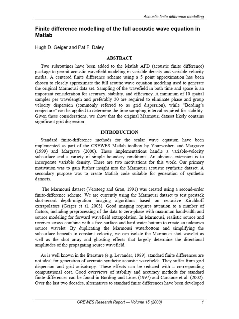 Finite Difference Modelling of The Full Acoustic Wave Equation in Matlab (REFERENCES) | PDF ...