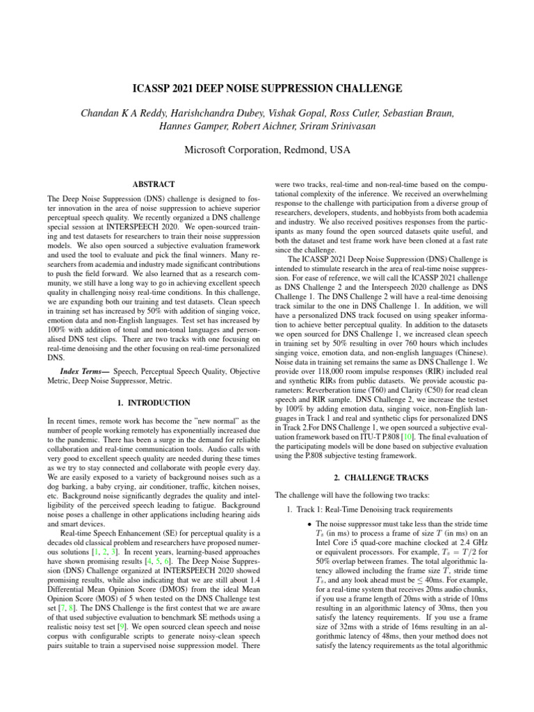 ICASSP 2021 DNS Challenge | PDF | Computers | Technology & Engineering