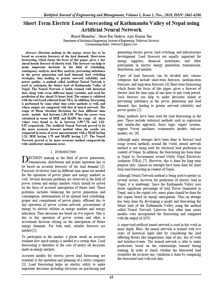 Short Term Electric Load Forecasting Of Pdf Artificial Neural