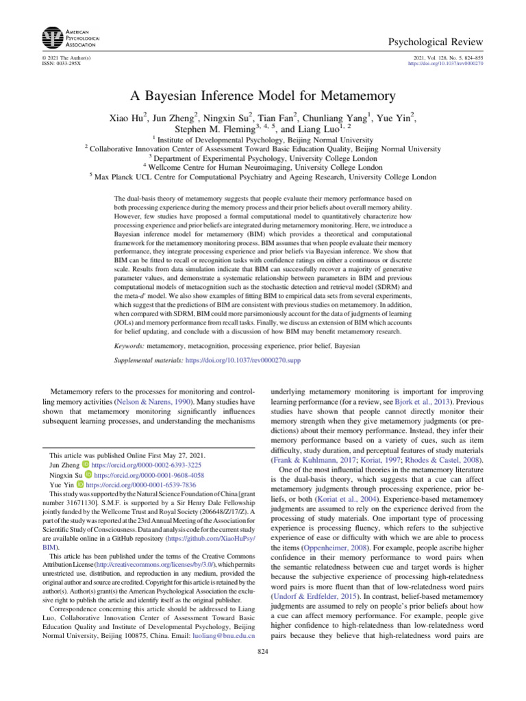 A Bayesian Inference Model For Metamemory | PDF | Statistical Inference | Normal Distribution