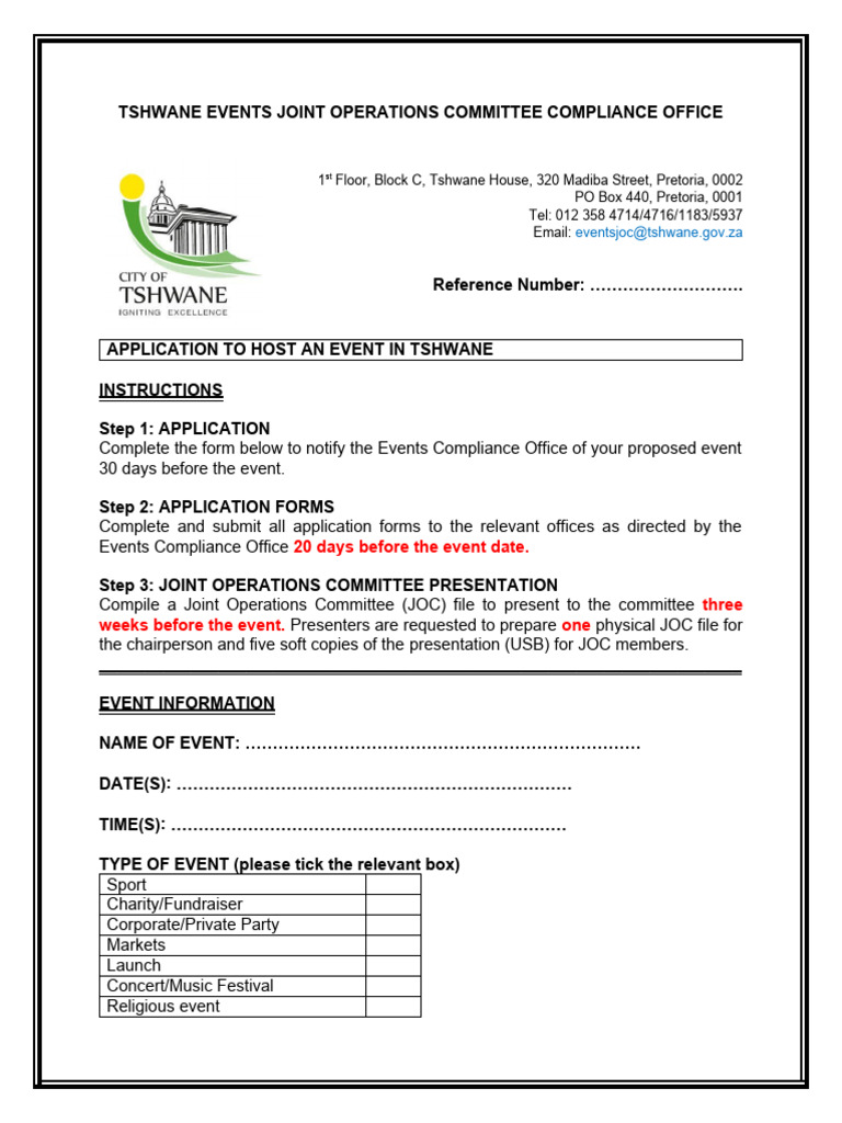 Tshwane Events JOC Compliance Application Form | PDF
