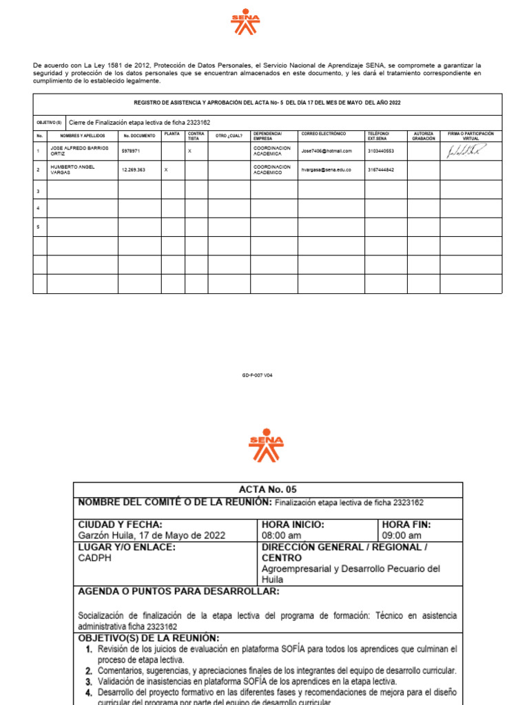 Acta #5 Cierre Ficha Tarqui | PDF