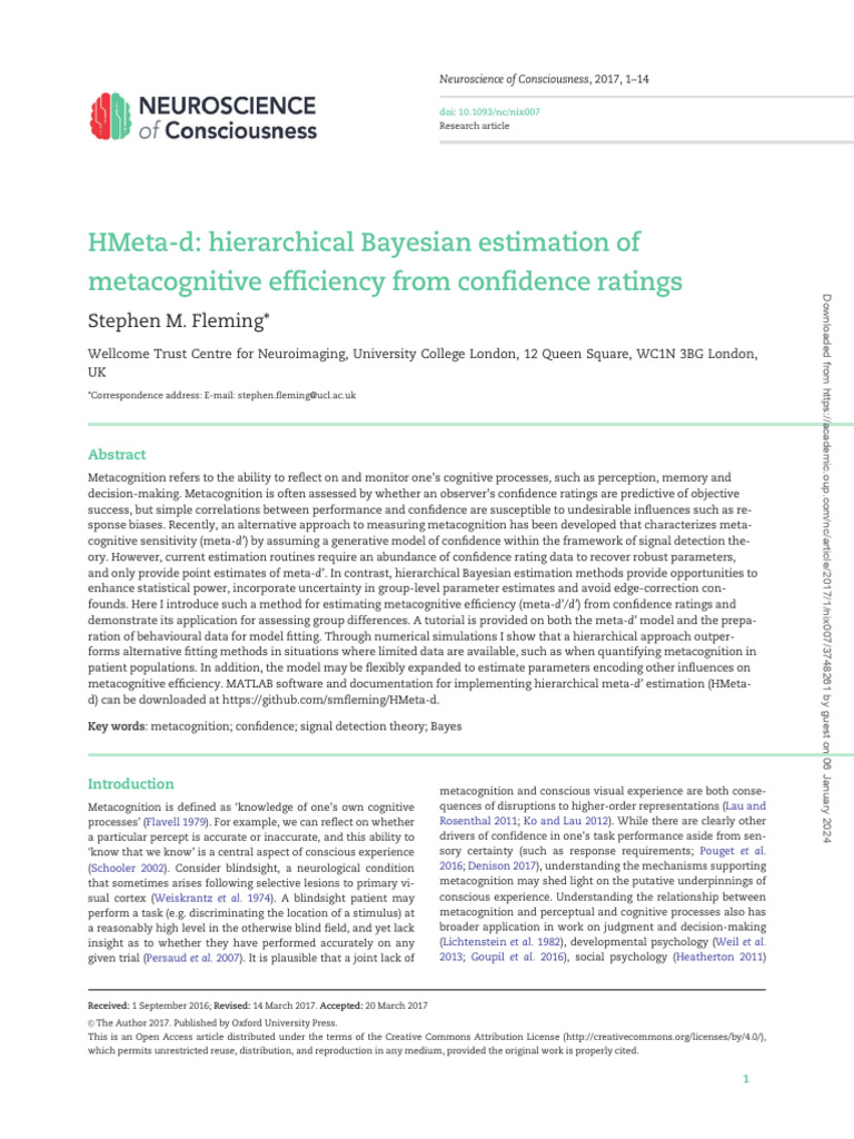 Fleming_2017 | PDF | Metacognition | Sensitivity And Specificity