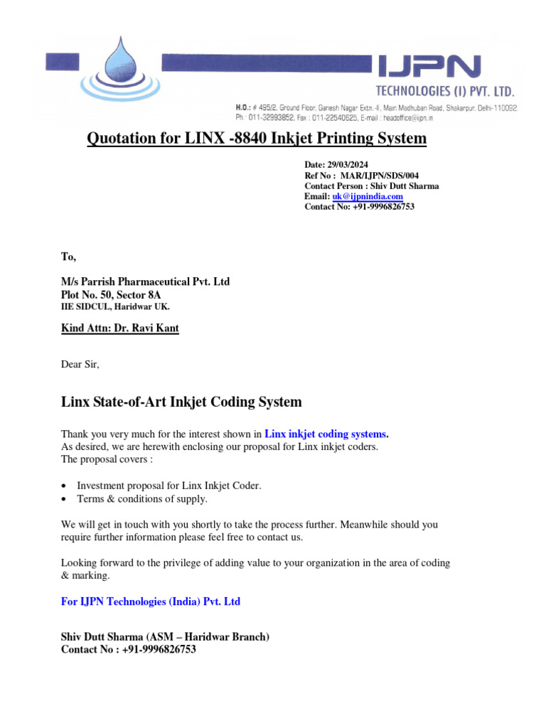 004 Quotation Linx 8840 Parrish Pharma | PDF | Printer (Computing) | Printing
