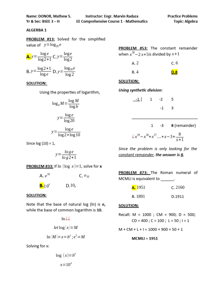 Algebra Practice Problems and Solutions | PDF | Logarithm | Algebra