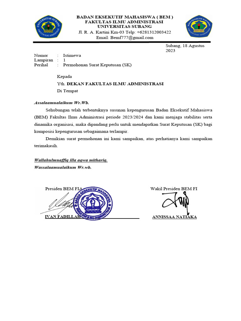 Permohonan SK BEM FIA Unsub 2023/2024 | PDF