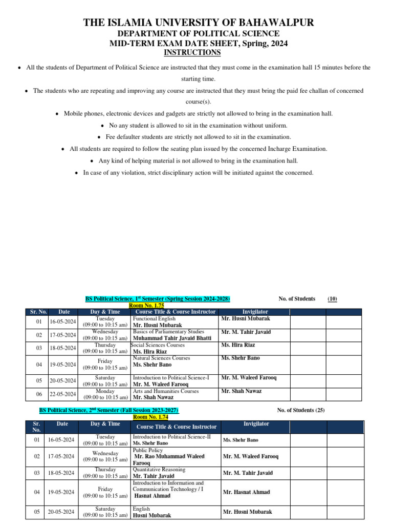 Mid Term Date Sheet Spring 2024 Political Science Pdf