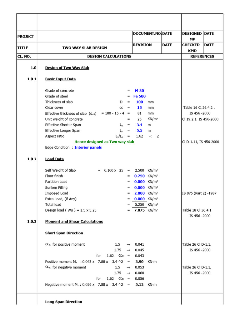 Two Way Slab Design - 2 KN m2 | PDF | Bending | Mechanical Engineering