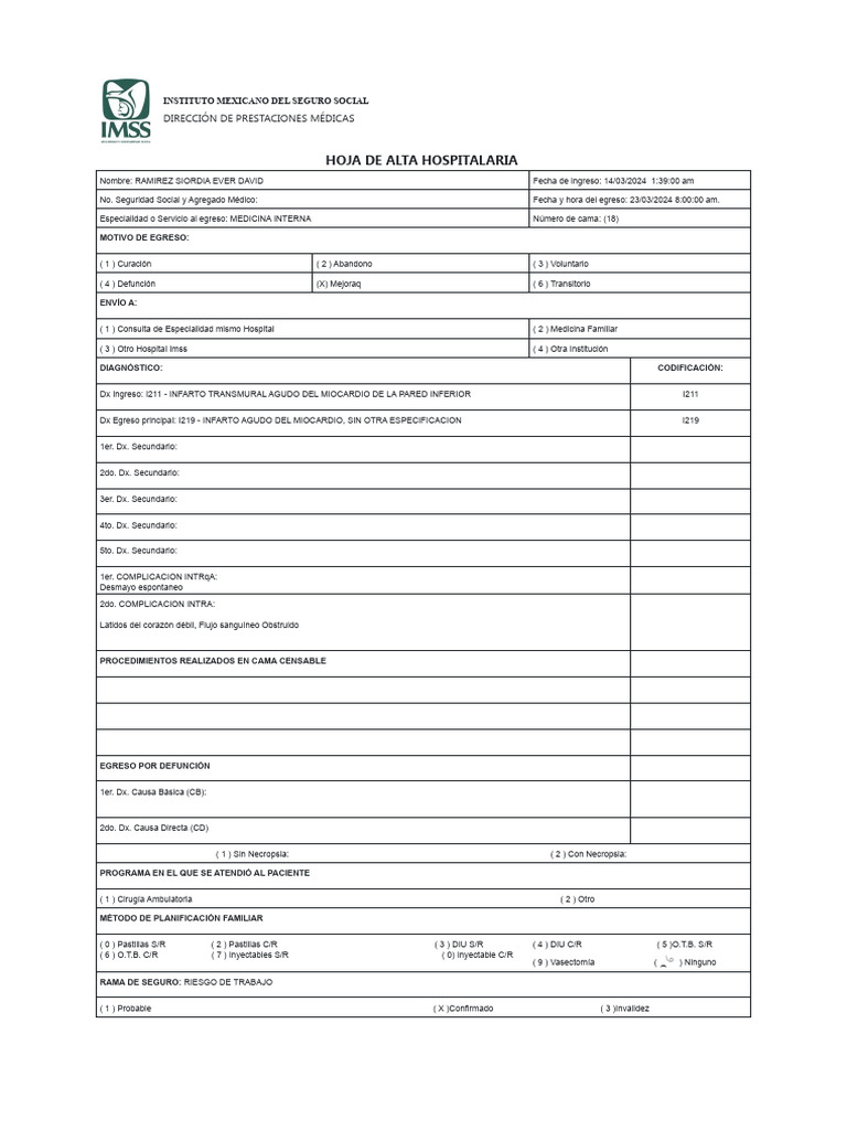 Hoja de Alta Hospitalaria | PDF | Hospital | Infarto de miocardio