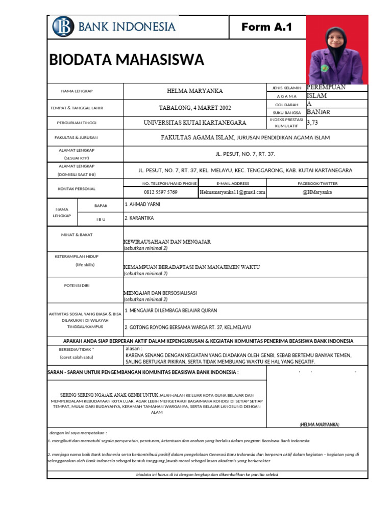 Form A.1 - Biodata Mahasiswa PT 2 | PDF