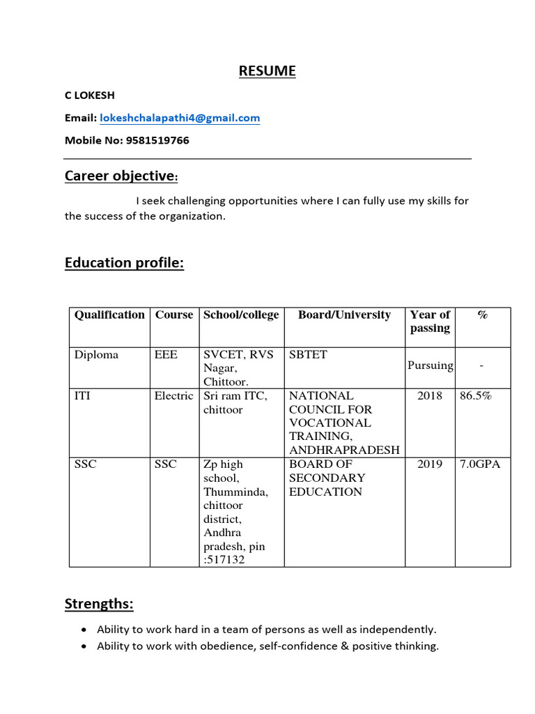 C. Lokesh Resume - EEE Diploma Holder | PDF | Career & Growth