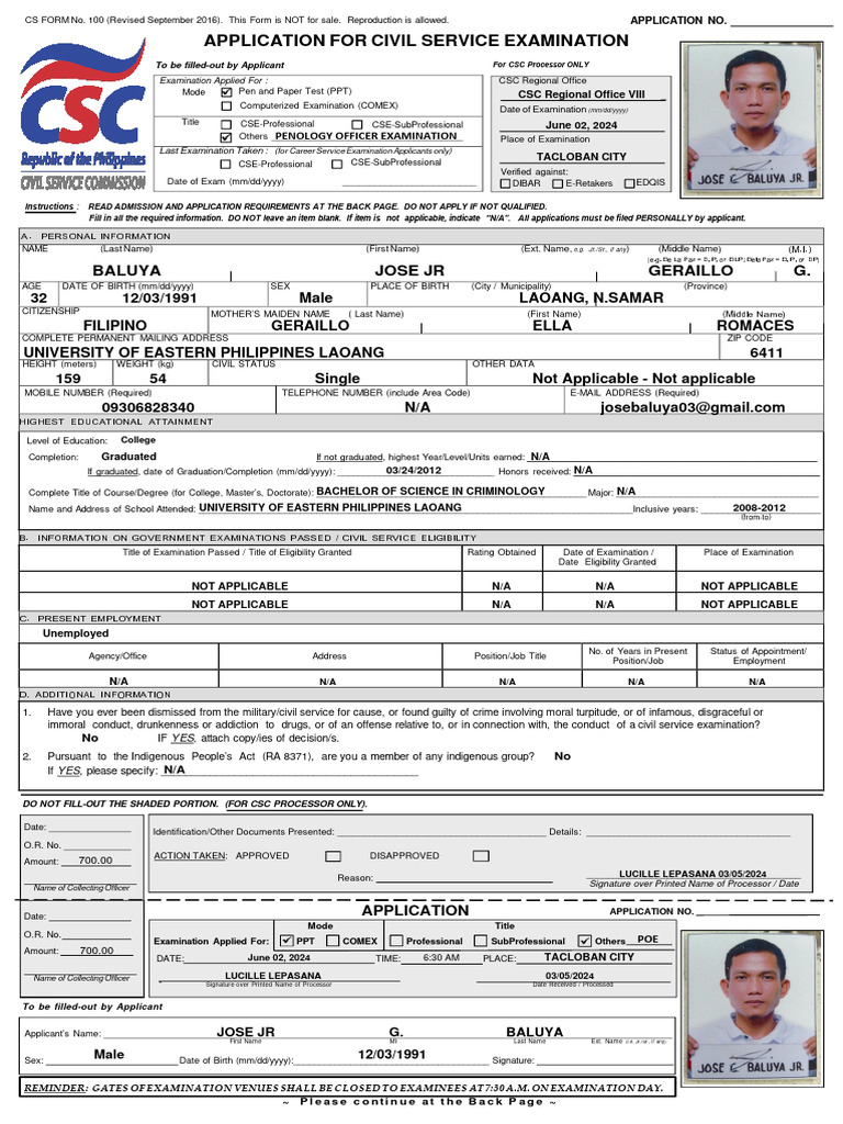 Civil Service Exam Application Form | PDF | Identity Document