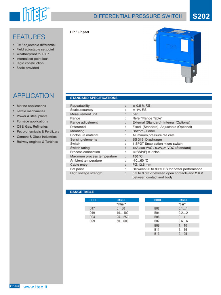 Features: Differential Pressure Switch | PDF | Switch | Mechanical Engineering