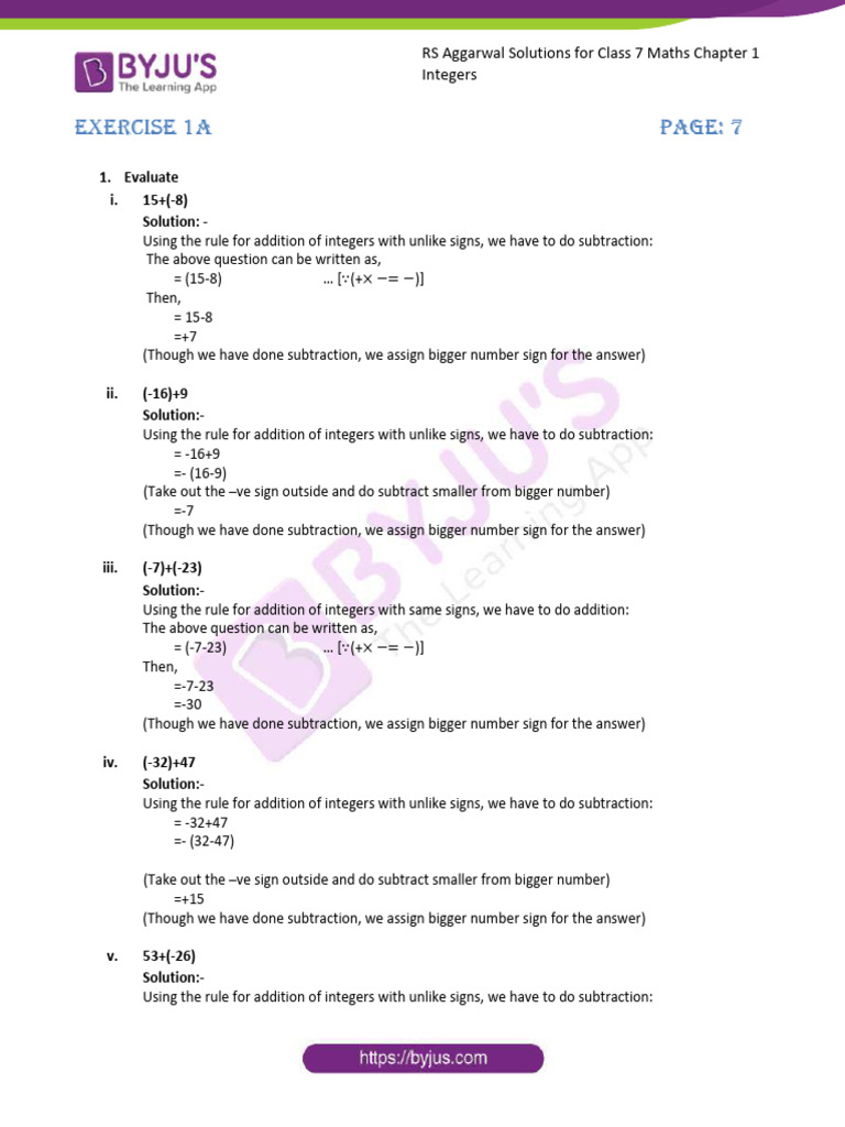 Rs Aggarwa Solutions For Class 7 Maths Chapter 1 Ex A | PDF | Numbers | Integer
