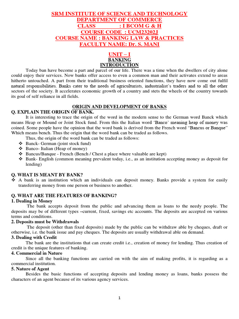 Banking Theory Law & Practice Unit I | PDF | Banks | Deposit Account
