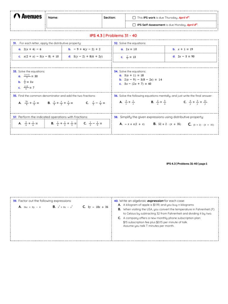 (23-24) Math 7 - IPS 4.3 Problems 31-40 | PDF | Fahrenheit | Algebra