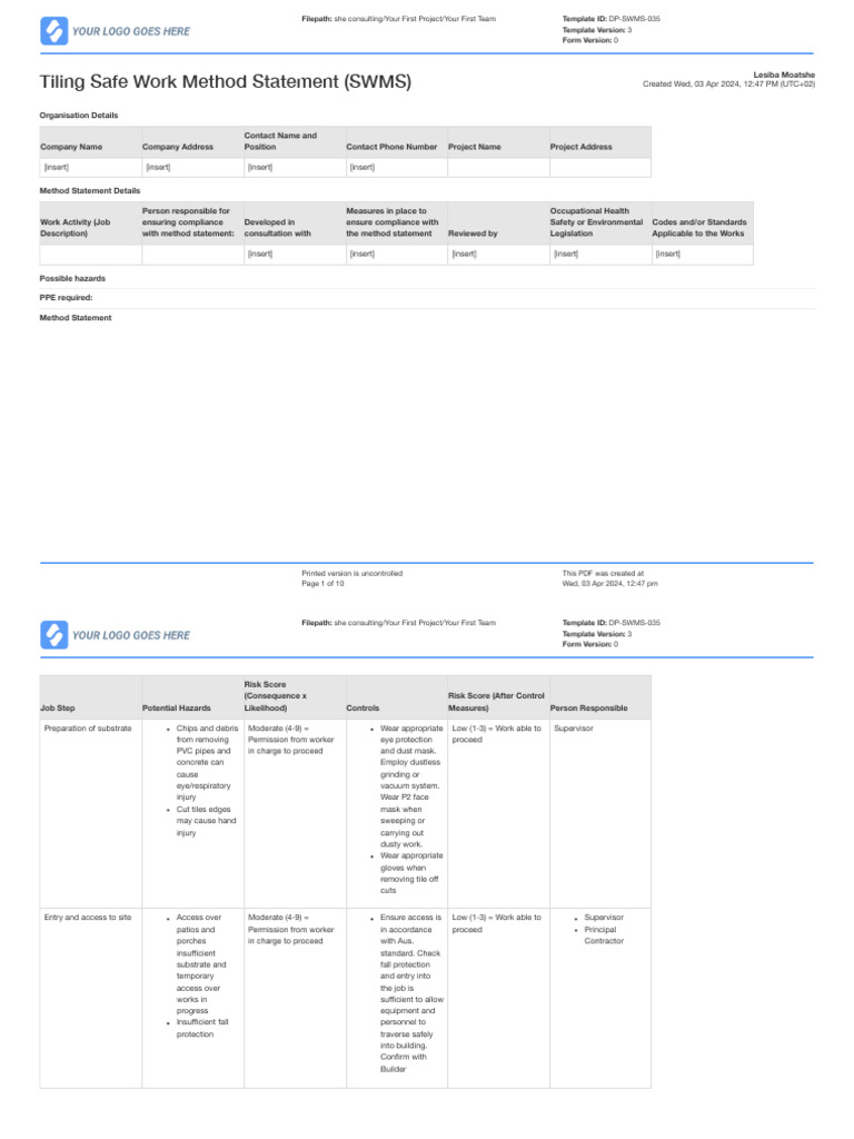 2024 04 03 Your First Project Tiling Safe Work Method Statement Swms 5 ...
