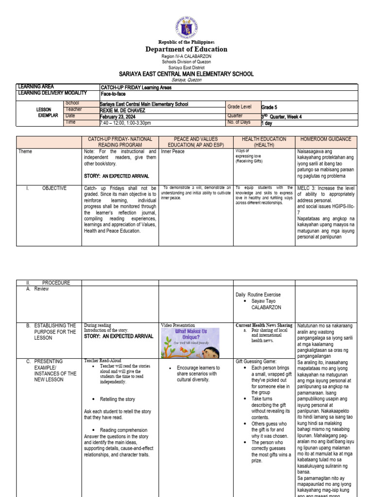 Grade 5 Catch-Up Friday Lesson Plan | PDF | Learning | Behavior ...