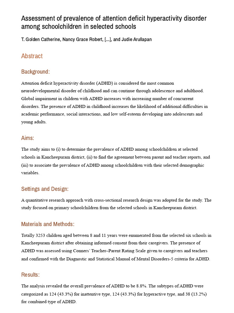 Assessment of Prevalence of Attention Deficit Hyperactivity Disorder Among Schoolchildren in ...