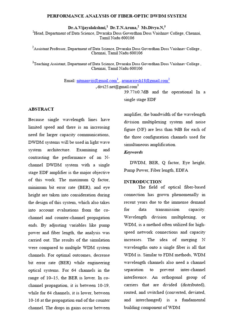 Performance Analysis Of Fiber Optic Dwdm System Pdf Wavelength