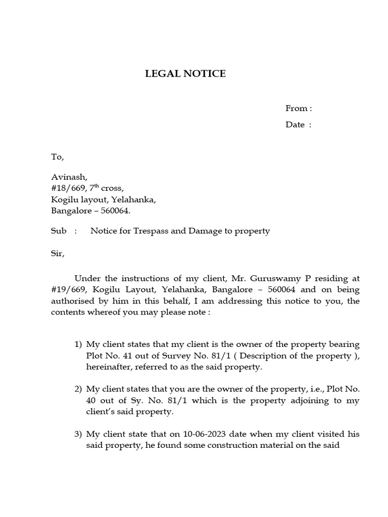 Trespass and Damage Notice Letter | PDF | Common Law | Private Law