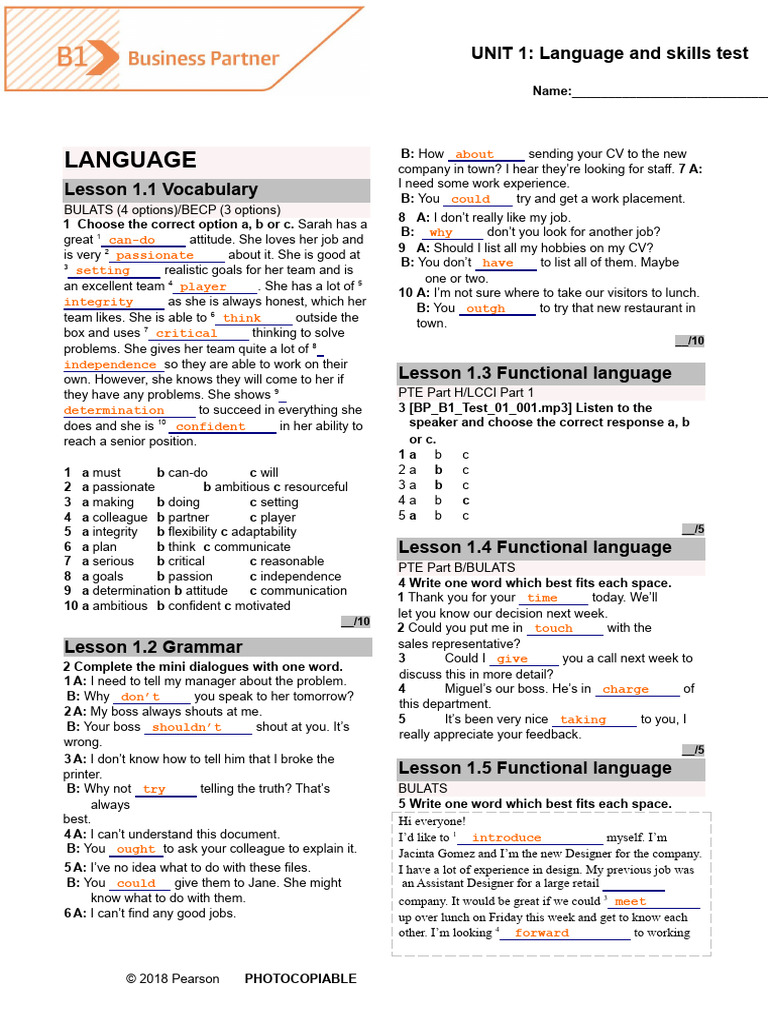 BP B1 Tests Unit1 | PDF | Cognition | Human Communication
