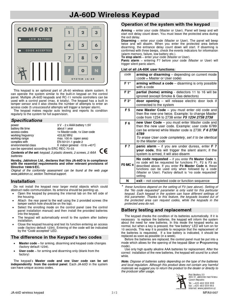 JA-60D Wireless Keypad: Operation of The System With The Keypad | PDF