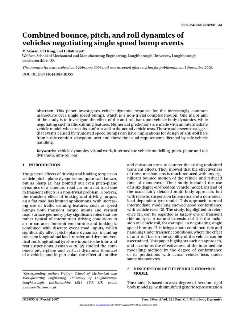 Combined Bounce, Pitch, and Roll Dynamics of Vehicles Negotiating Single Speed Bump Events | PDF ...