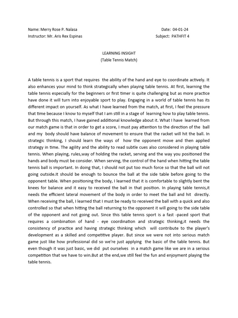 Table Tennis Match Play Journal | PDF | Table Tennis | Cognition