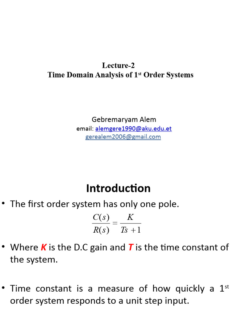 Lecture 20-21 Time Domain Analysis of 1st Order Systems | PDF | Laplace Transform | Control Theory